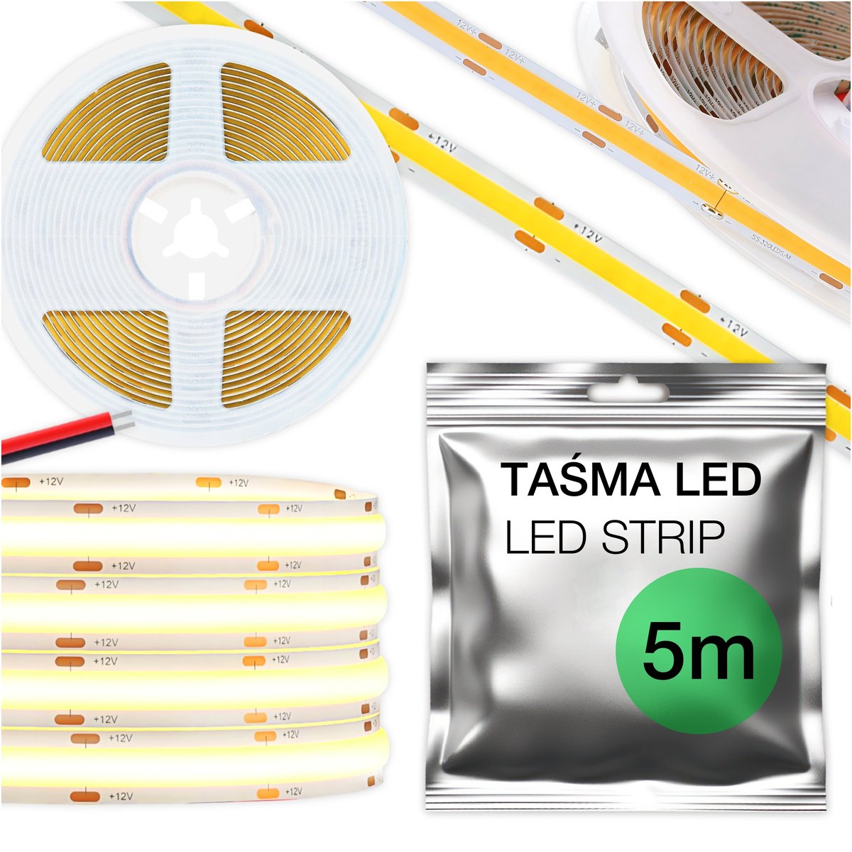 Taśma LED COB 5m LEDY 230V 12V NEON BIAŁA Neutralna 4000K MOCNA 4500lm ...