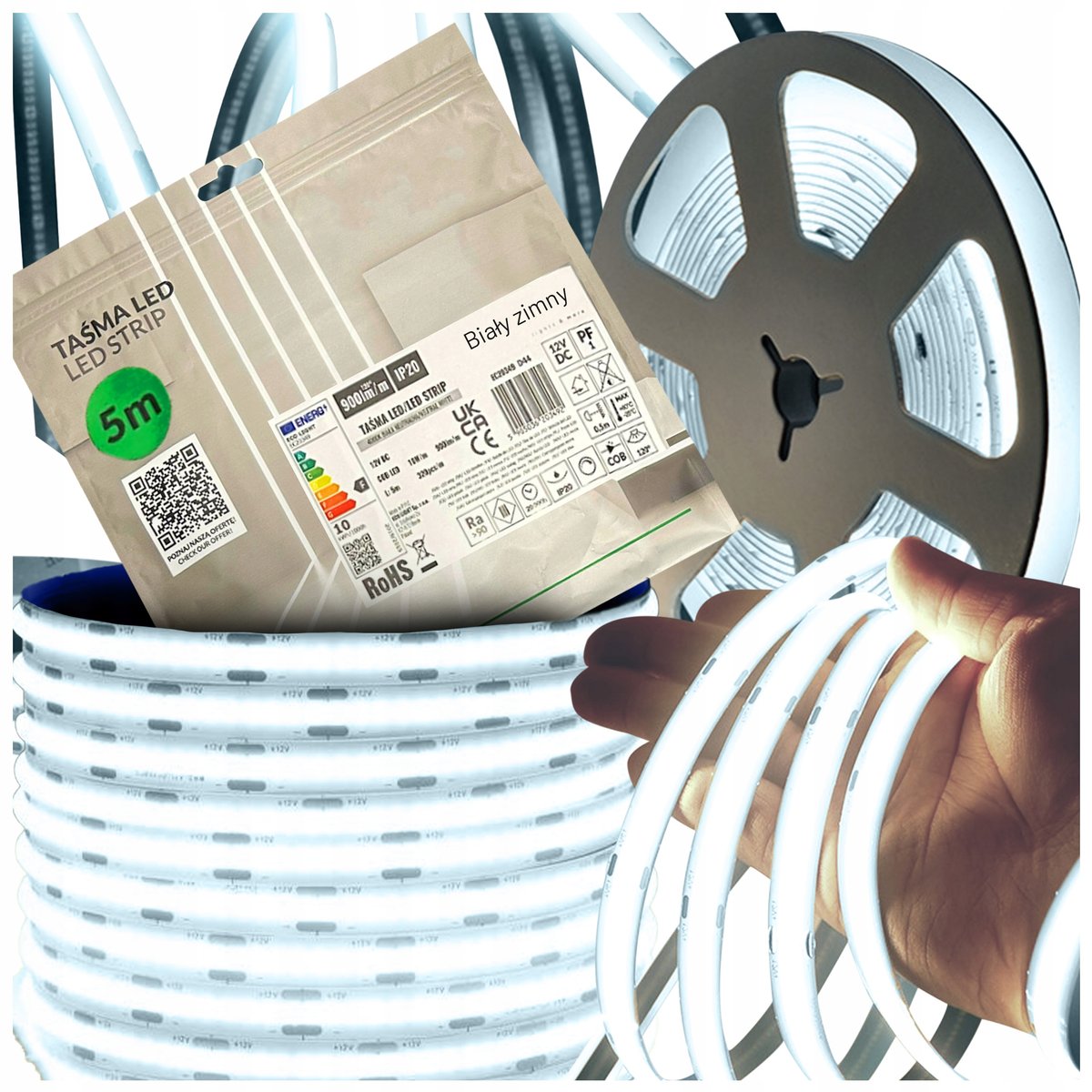 Taśma LED COB 5m Neon Homogeniczna 320 diod /m BIAŁA ZIMNA 12V 10W/m ...