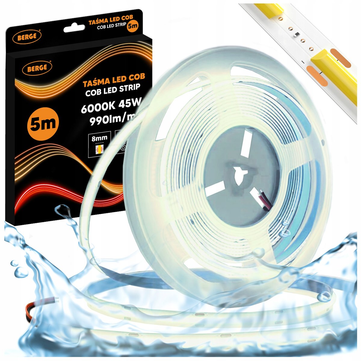 Taśma LED COB Neon 12V 5m 9W/m 480 diod 45W 6000K Zimna Wodoszczelna ...