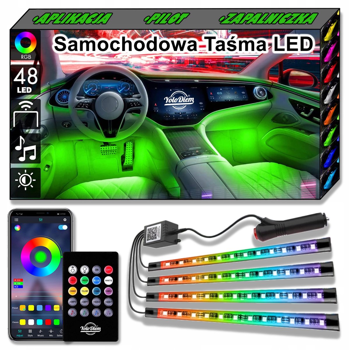 TAŚMA LED do Samochodu PRO LEDY RGB Oświetlenie wnętrza samochodu APP ...