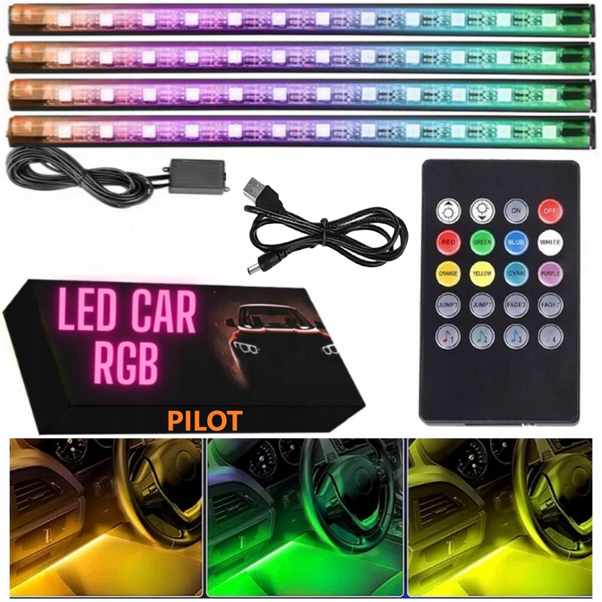 TAŚMA LED DO SAMOCHODU Z PILOTEM OŚWIETLENIE AUTA RGB 5050 DO WNĘTRZA ...