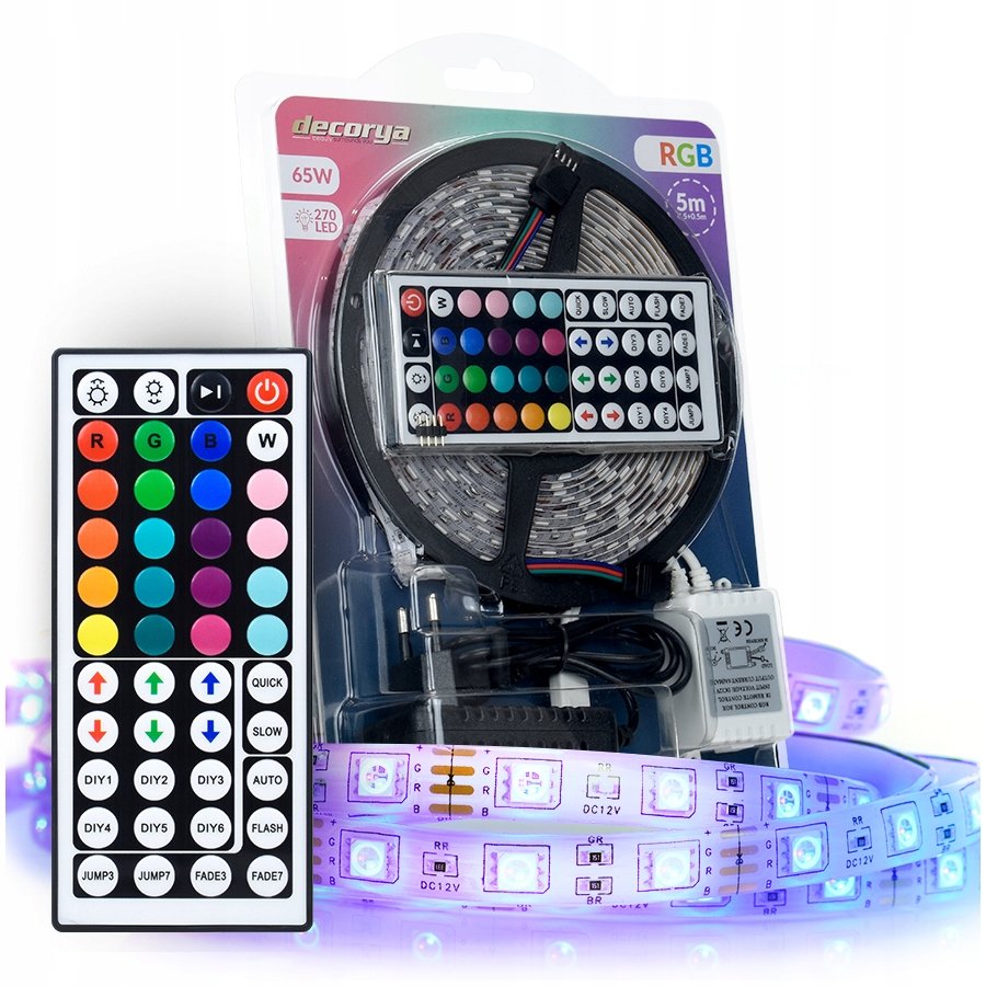 TAŚMA LED KOLOROWA WODOODPORNA 5M RGB + DUŻY PILOT TAŚMA LEDOWA ...