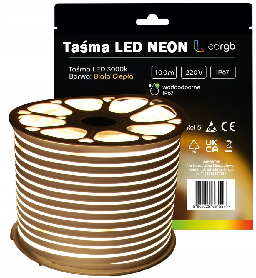Taśma LED NEON 2835 220V 230V 100m 3000K BIAŁA CIEPŁA WODOODPORNA IP67 ...