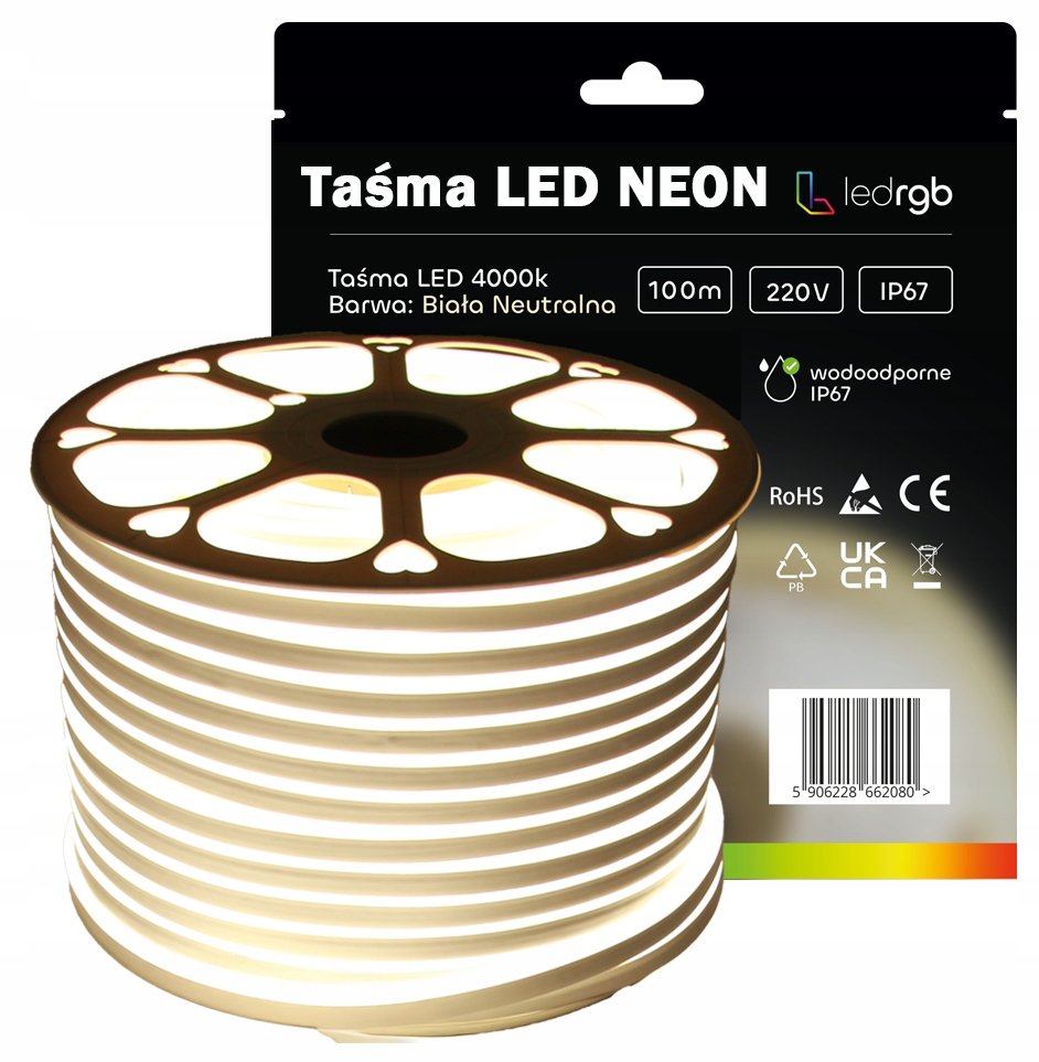 Taśma LED NEON 2835 220V 230V 100m 4000K BIAŁA NEUTRALNA WODOODPORNA ...