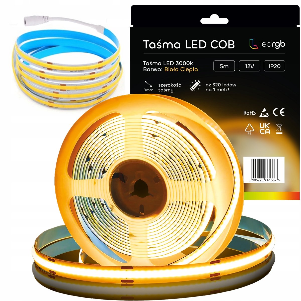 Taśma LED Neon COB 12V 5m 320 diod 3000K BIAŁA CIEPŁA HOMOGENICZNA ...