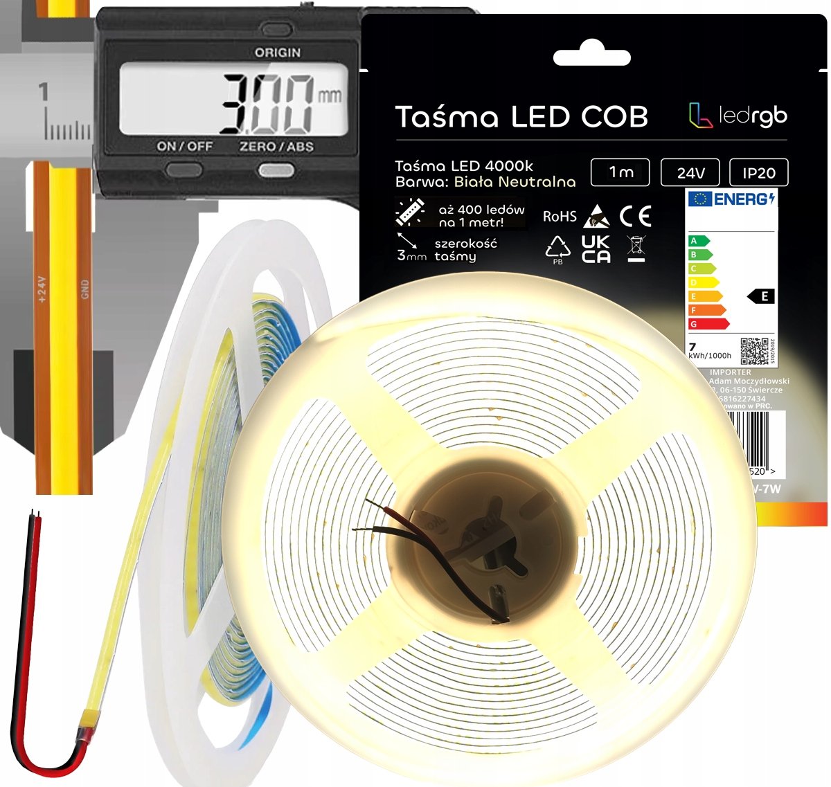 Taśma LED Neon COB 24V 1m 400 diod 4000K BIAŁA NEUTRALNA ULTRA CIENKA ...