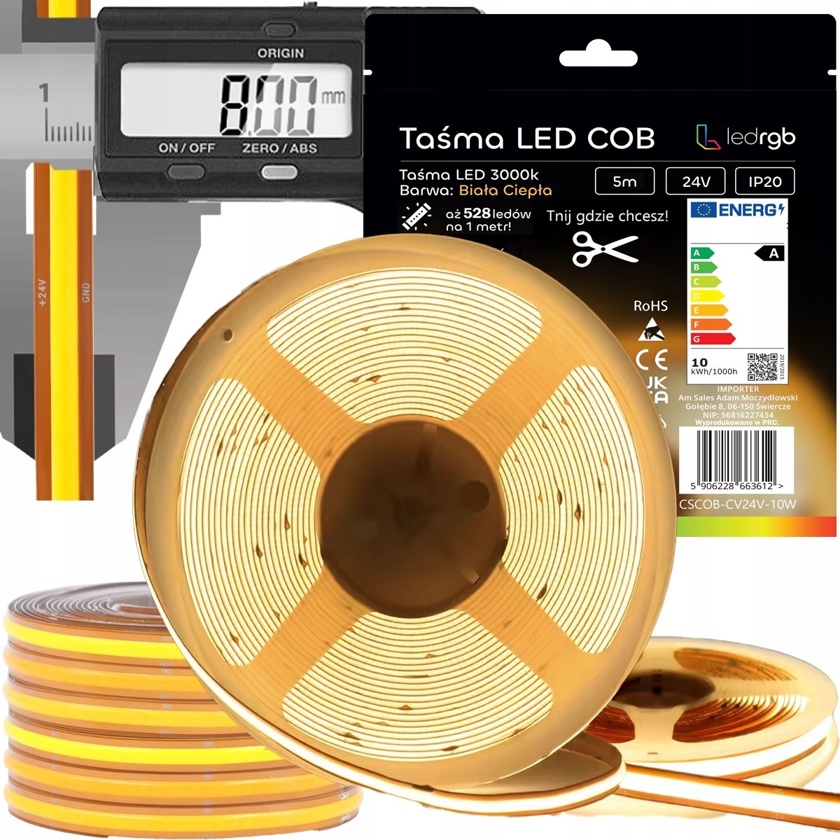 Taśma LED Neon COB 24V 5m 528 3000K BIAŁA CIEPŁA FREE CUT DOWOLNE ...