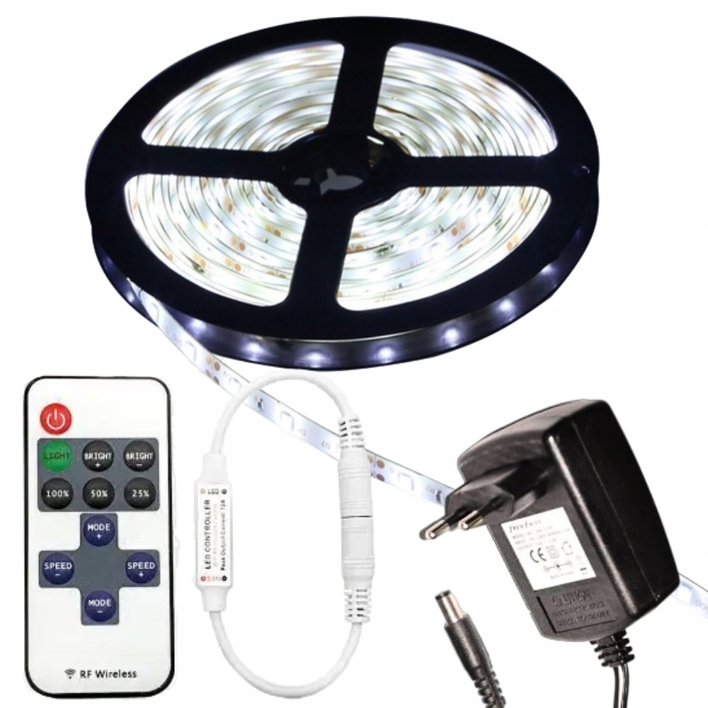 TAŚMA LED PASEK 5m LEDY LISTWA NEUTRALNA BIAŁA 12v ZESTAW + PILOT ...
