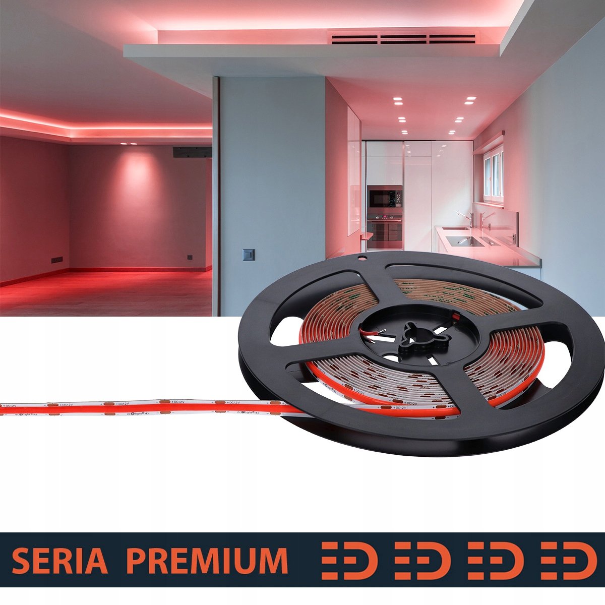Taśma LED Premium 12V COB jedna linia światła 480led barwa czerwona (5 ...
