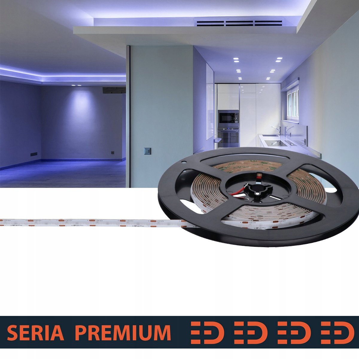 Taśma LED Premium 12V COB jedna linia światła 480led barwa niebieska (5 ...