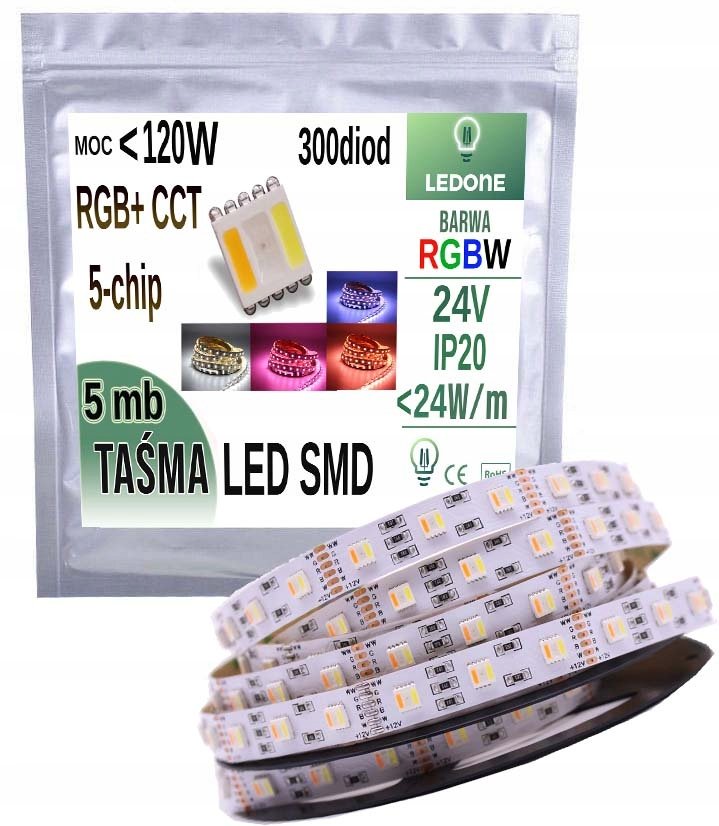Taśma LED PREMIUM RGB+CCT 5w1 5m Ciepły Zimny 24V RGBCCT - LED-ONE ...