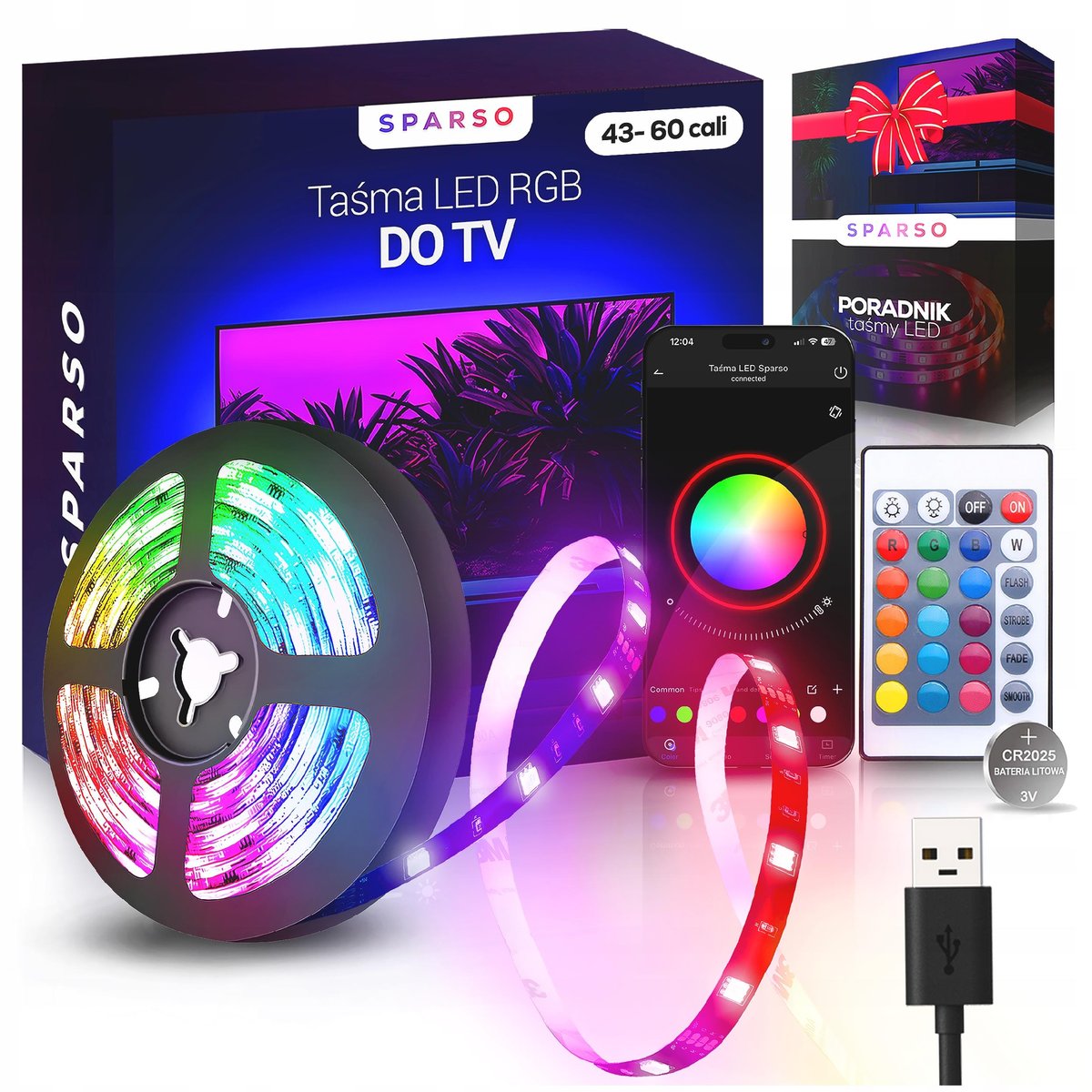 TAŚMA LED RGB 4M USB LEDY DO TV Podświetlenie Telewizora NA PILOTA ...