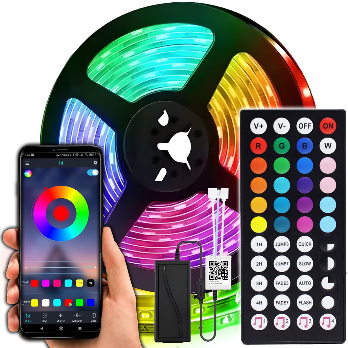 Taśma Led Rgb Kolorowa 5M Bluetooth Pasek Sterowanie Muzyką Aplikacja ...