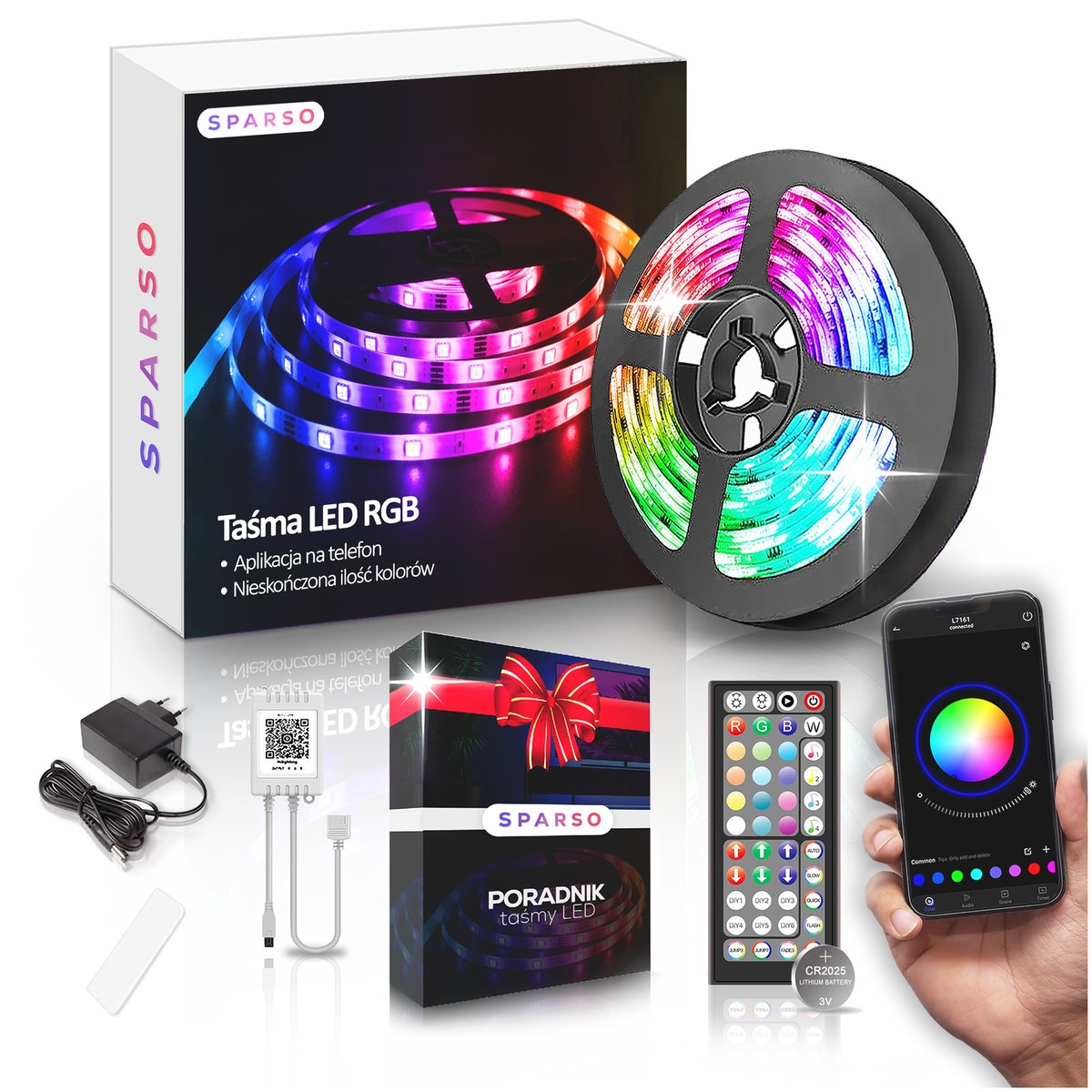 TAŚMA LED RGB KOLOROWA 5M LEDY 230V 12V z PILOTEM APLIKACJA MUZYKA ...