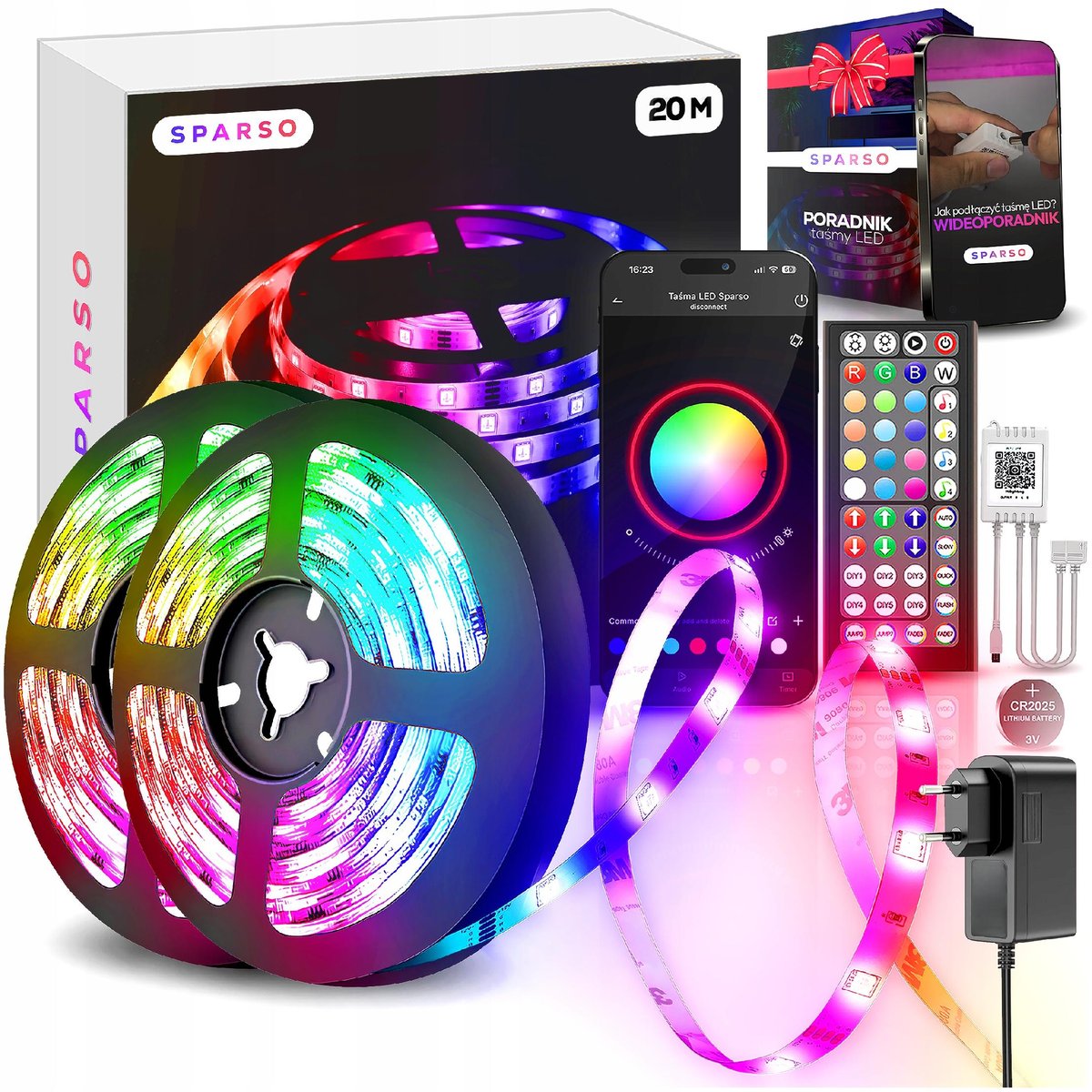 TAŚMA LED RGB LEDY 20M 12V 230V KOLOROWE NA PILOTA Z ZASILACZEM ...