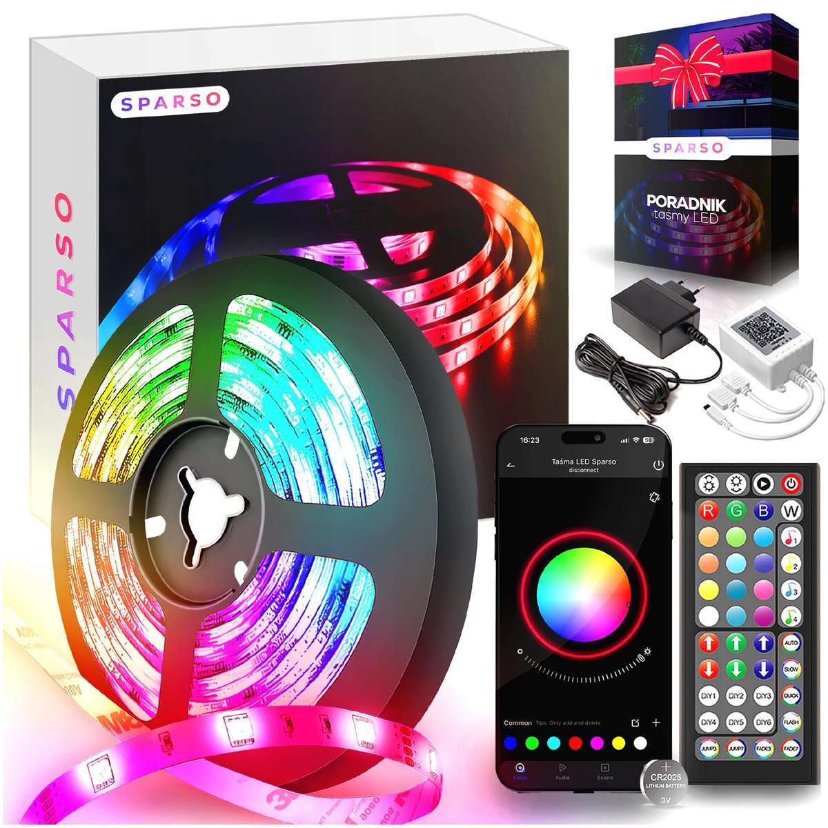 TAŚMA LED RGB LEDY 5M 12V 230V KOLOROWE NA PILOTA Z ZASILACZEM ...