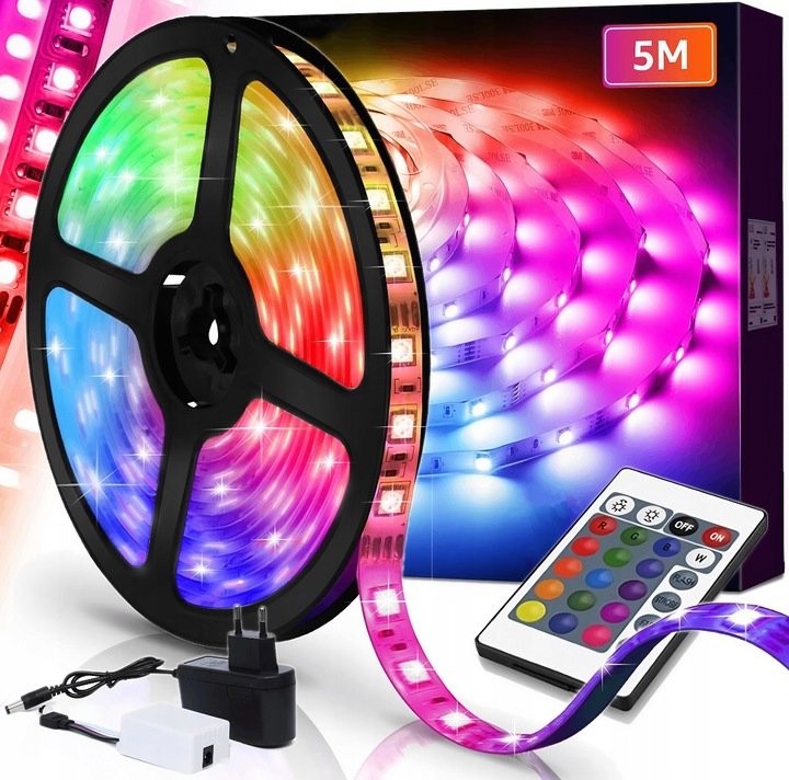 TAŚMA LED RGBW 5m Ledy 5050 Listwa 230v 12v KOLOROWA NA PILOTA ...