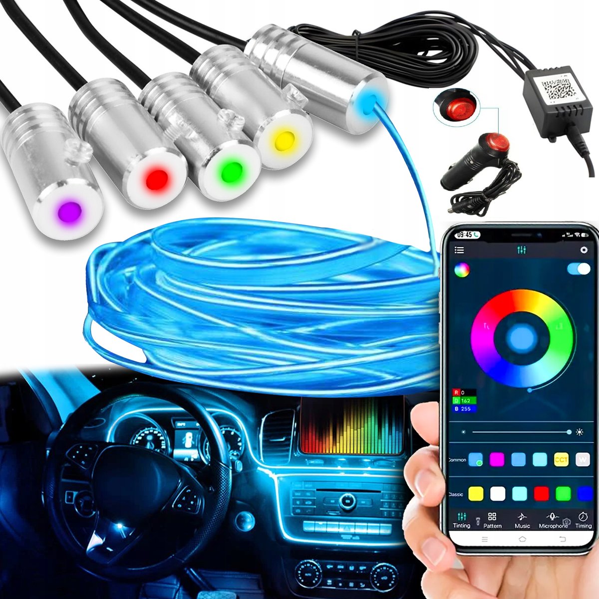 Taśma LED ŚWIATŁOWÓD do Samochodu Auta Oświetlenie Zestaw RGB Bluetooth ...