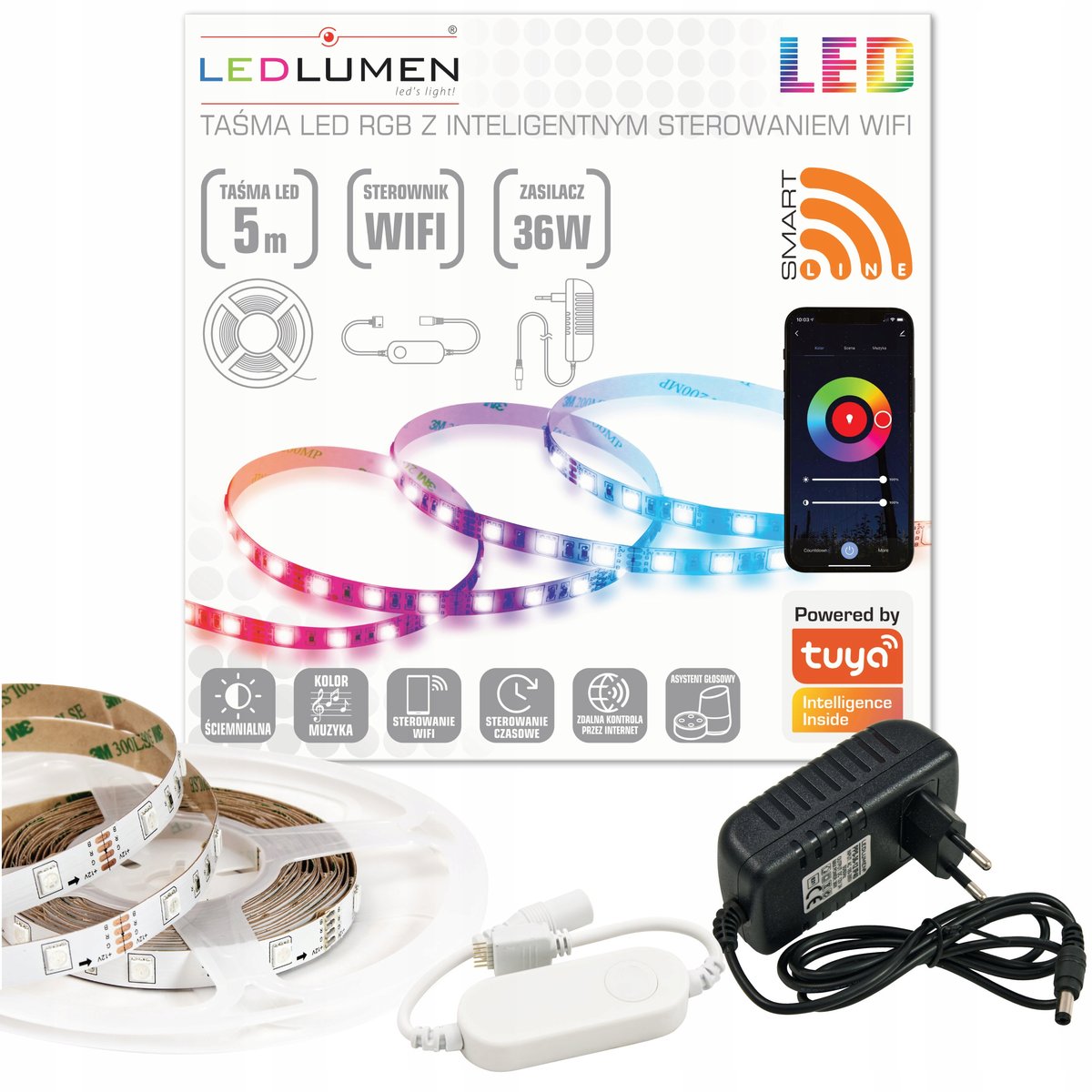 Taśma LED WIFI 24W 12V 150 SMD 5050 5m RGB Kolorowa Linia TUYA SMART ...