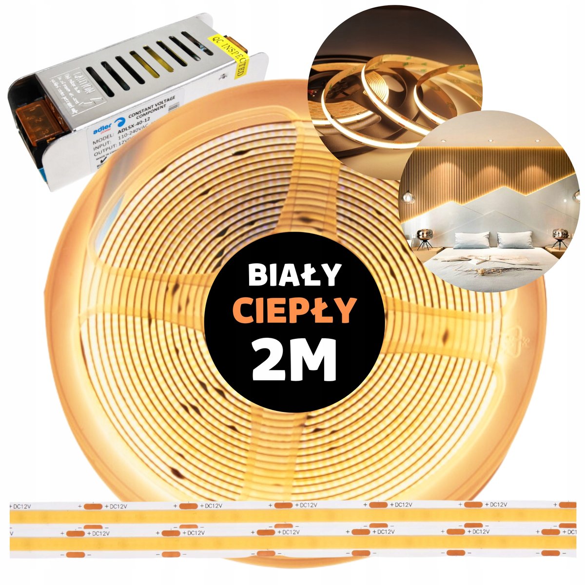 Taśma pasek LED COB linia ciągła neon z zasilaczem biały ciepły 12V 2M ...