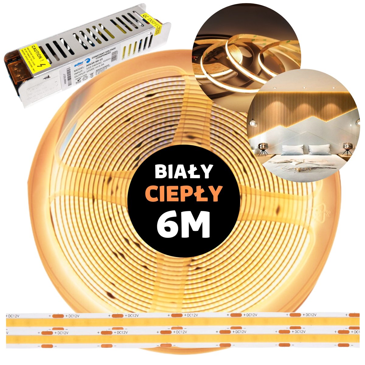 Taśma pasek LED COB linia ciągła neon z zasilaczem biały ciepły 12V 6M ...