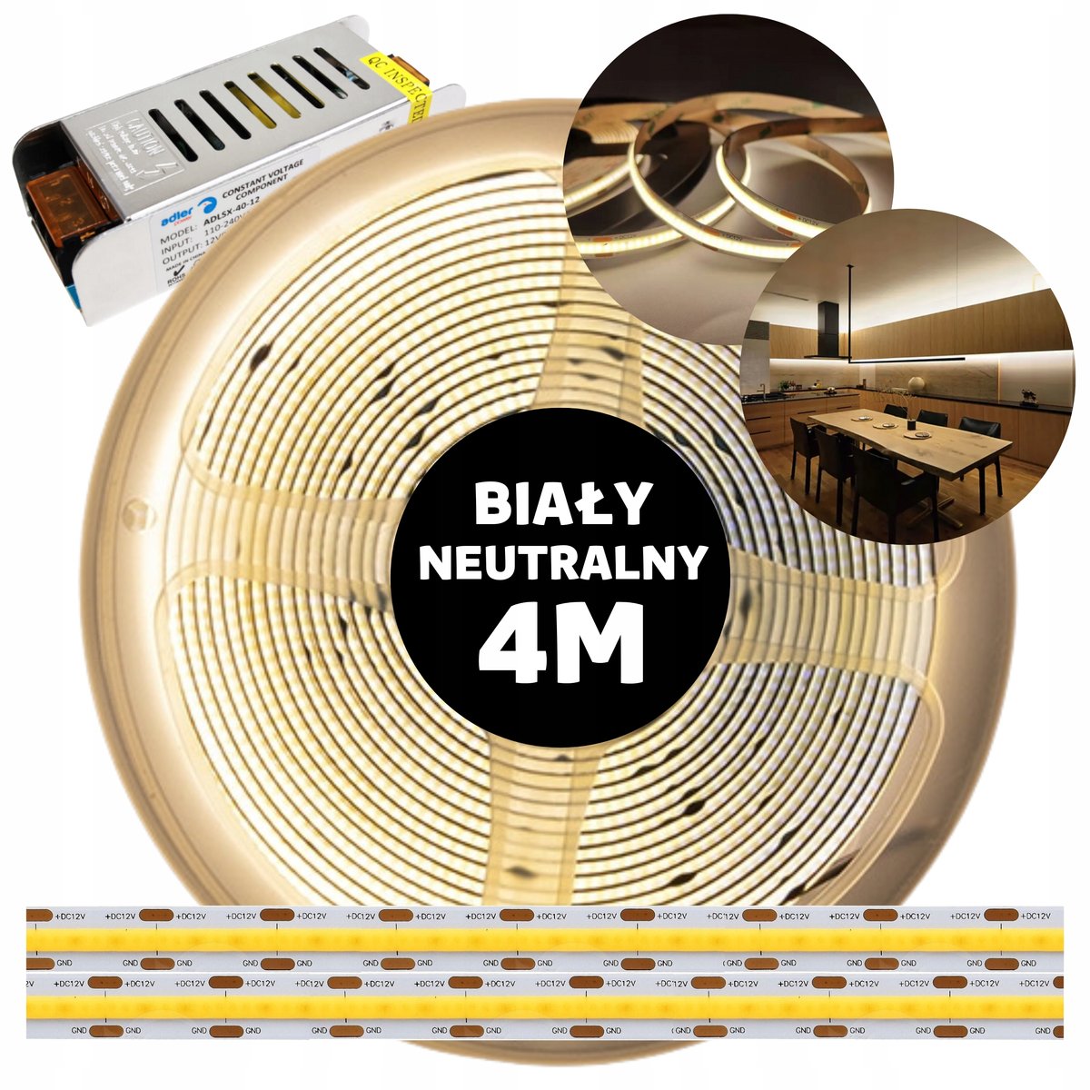 Taśma pasek LED COB linia ciągła neon z zasilaczem biały neutralny 12V ...