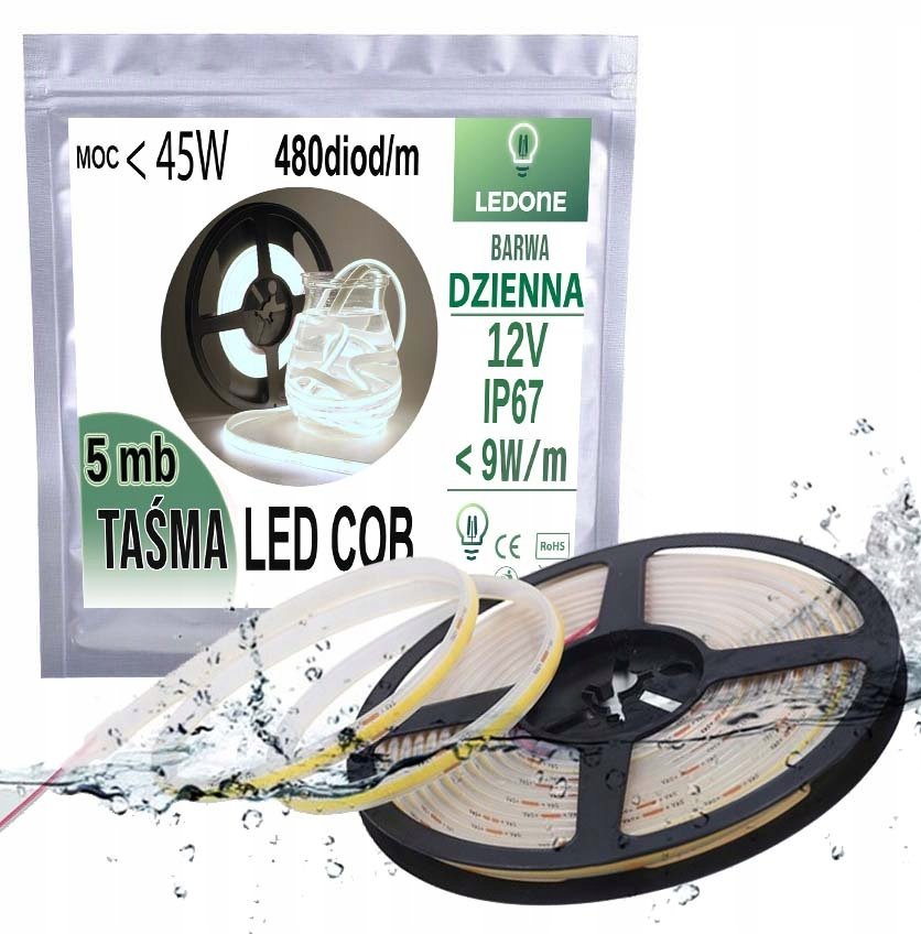 TAŚMA termococon LED COB 12V WODOODPORNA IP67 NEUTRALNY LINIA ŚWIATŁA ...