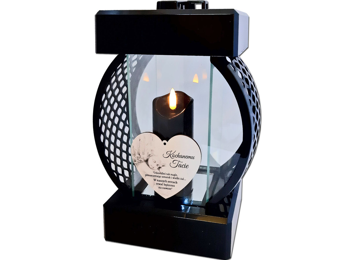 Tata Tacie Znicz Lampion Koło Rtn Gładki Czarny Serce Dr+Świeca Led ...