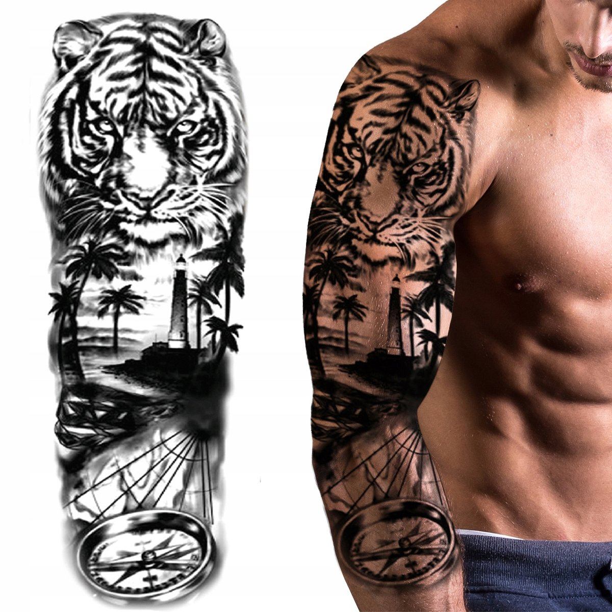 Tatuaż Tymczasowy Próbny Rękaw Duży Tygrys Kompas Latarnia Morska ...