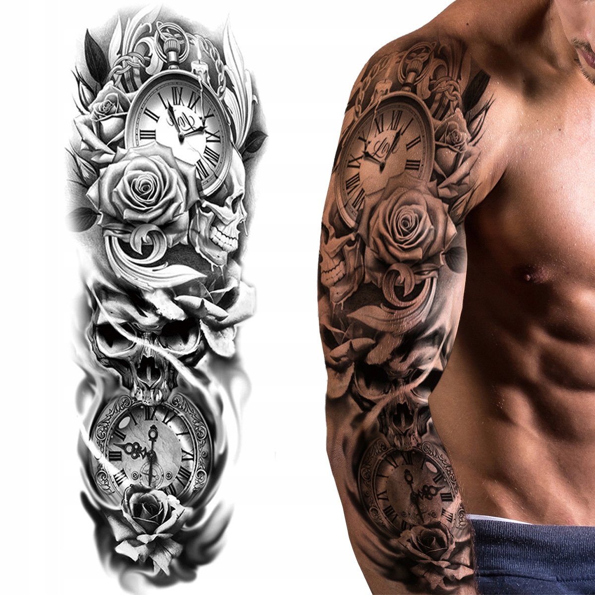 TATUAŻ ZMYWALNY KILKUDNIOWY PROBNY RĘKAW CZASZKA ZEGAR CZAS KWIATY ...