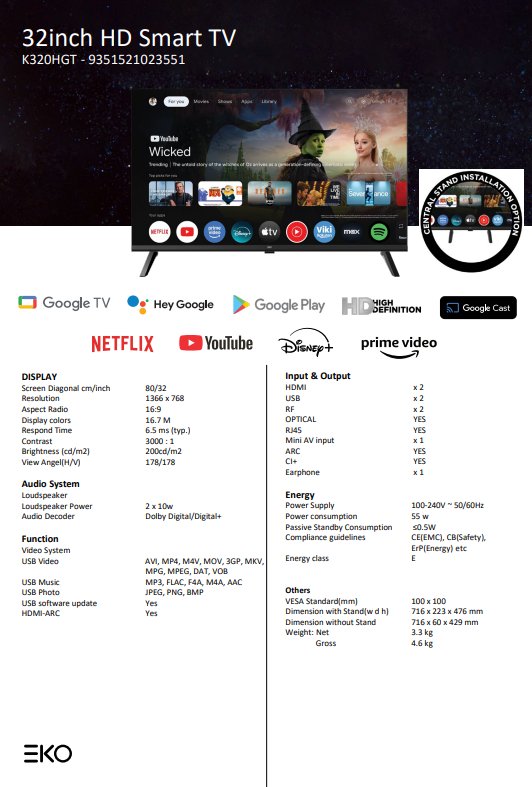 Telewizor EKO 32" HD Smart TV | Google TV | Wi-Fi | HDMI ARC | USB | 2× ...