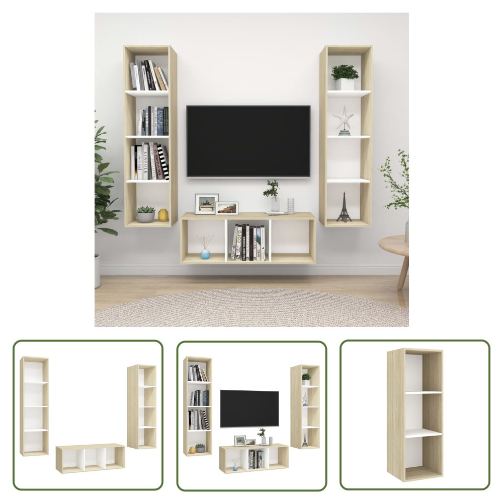 The Living Store 3-cz. zestaw szafek TV - biel i dąb sonoma - Zestaw ...
