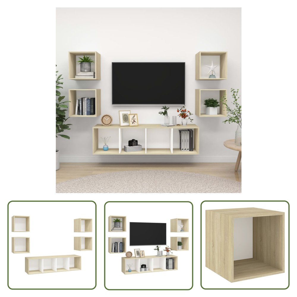 The Living Store 5-cz. zestaw szafek TV - biel i dąb sonoma - Zestaw ...