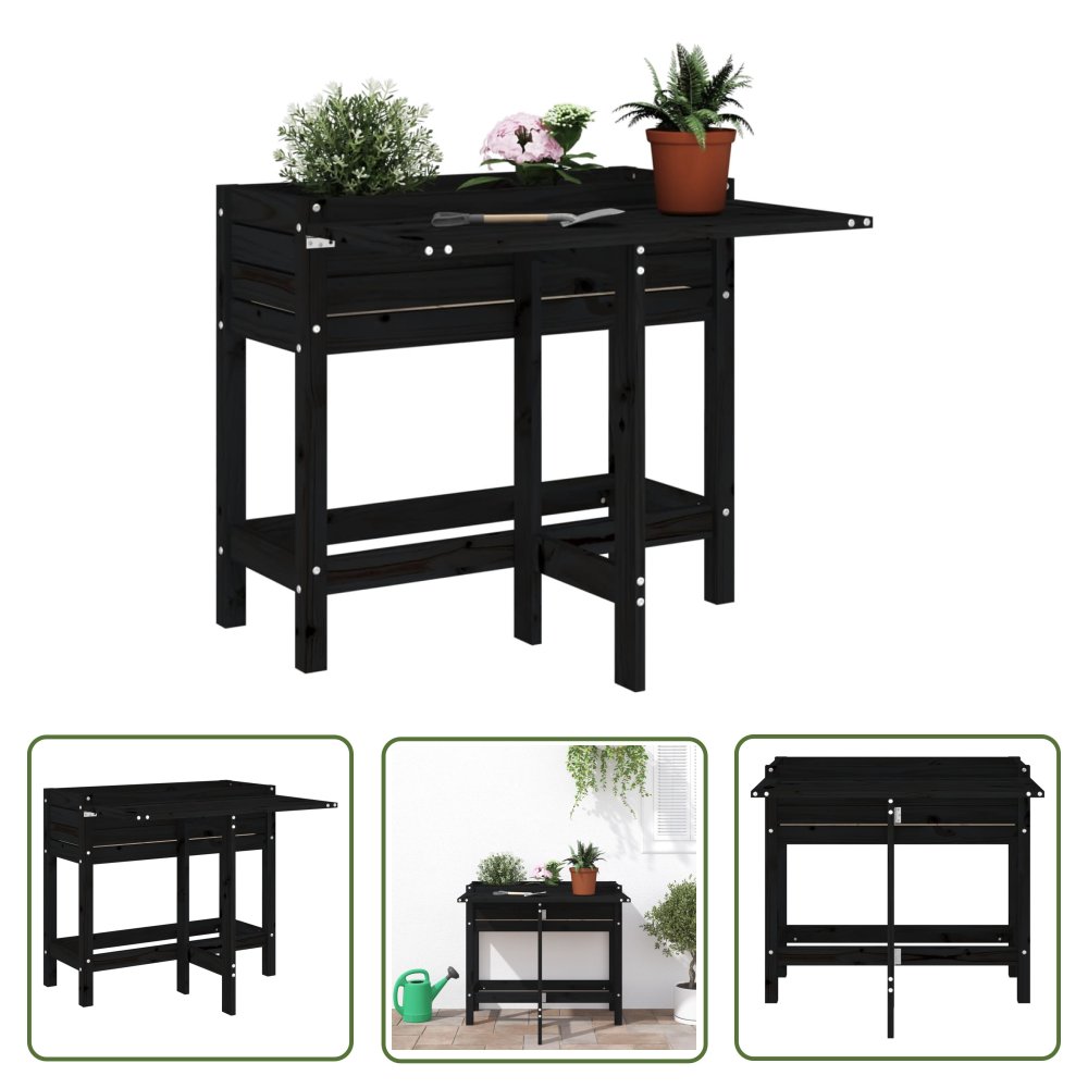 The Living Store Donica ogrodowa ze składanym blatem - czarna - drewno ...