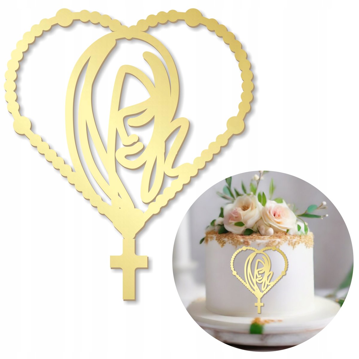TOPPER ozdoba NA TORT komunijny Różaniec plexi lustrzana 15cm dekoracja - Decoresca | Przyjęcia ...