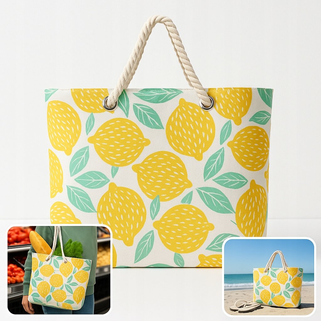 TORBA PLAŻOWA CYTRYNKI W PASKI ZAPINANA MIEJSKA SHOPPER NA ZAKUPY PLAŻĘ ...