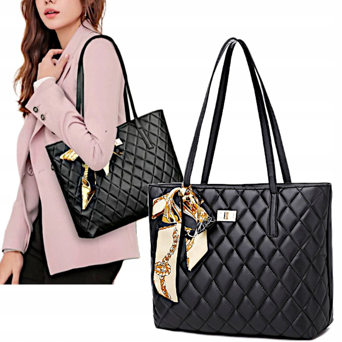 Torebka Damska Czarna Pojemna na Ramię Skórzana Pikowana Elegancka Wizytowa - DaBoLa | Moda ...