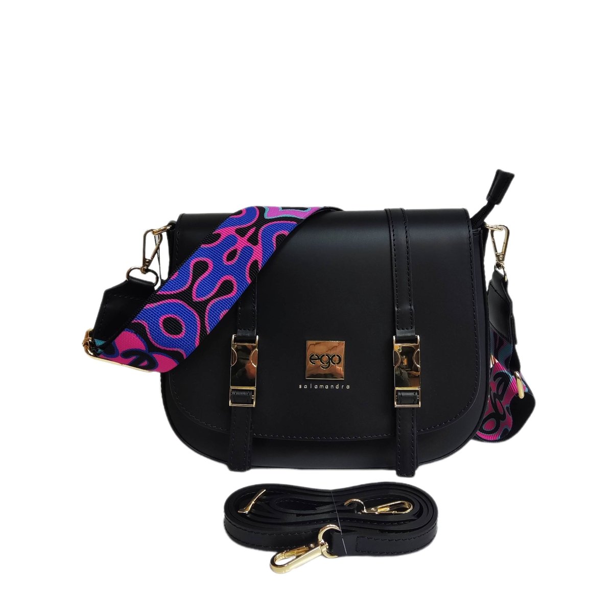 Torebka listonoszka EGO skóra naturalna czarna dwa paski - Inna marka | Moda Sklep EMPIK.COM