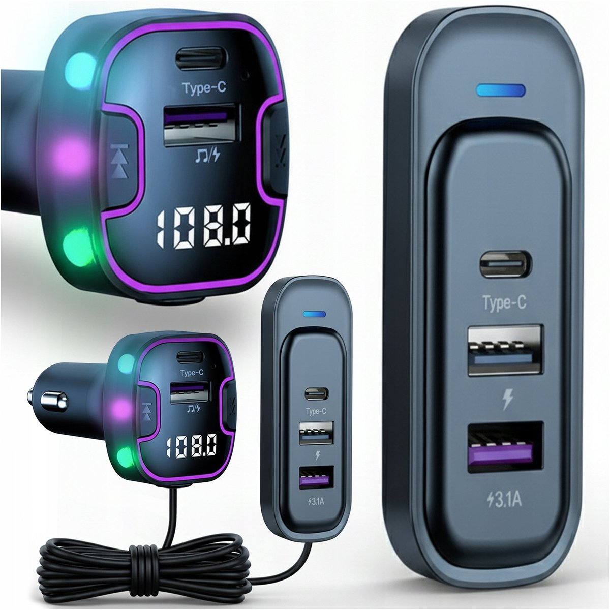 TRANSMITER BLUETOOTH SAMOCHODOWY FM 3X USB TYP C ŁADOWARKA ADAPTER ...