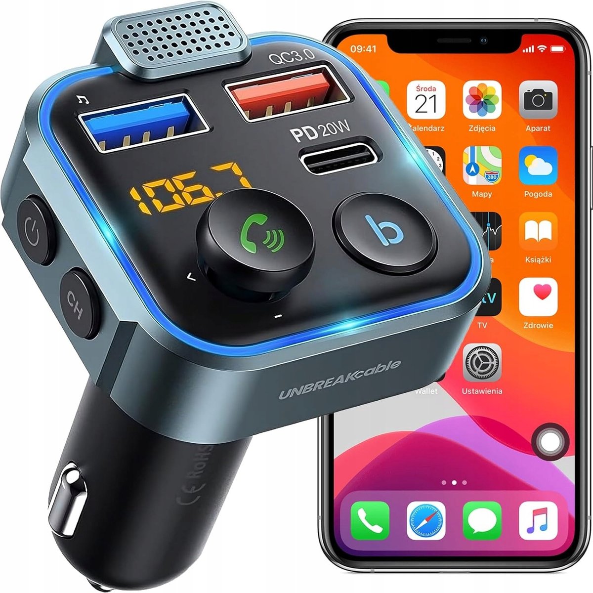 Transmiter FM Bluetooth 5.0 radio samochodowe, odbiornik, ładowarka ...