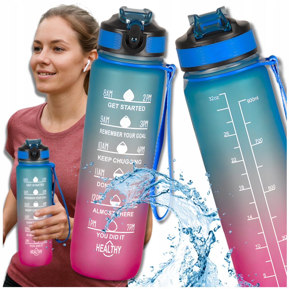 TRESSARI Butelka motywacyjna bidon z TRITANU z uchwytem 1l na wodę BPA ...