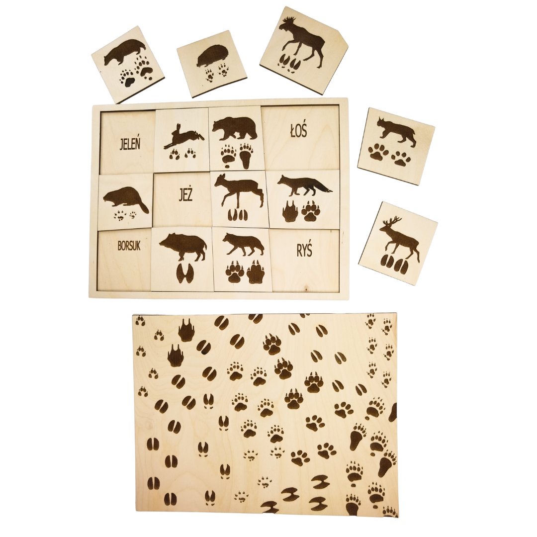 Tropy zwierząt, drewniana układanka, ślady zwierząt leśnych - Inna ...