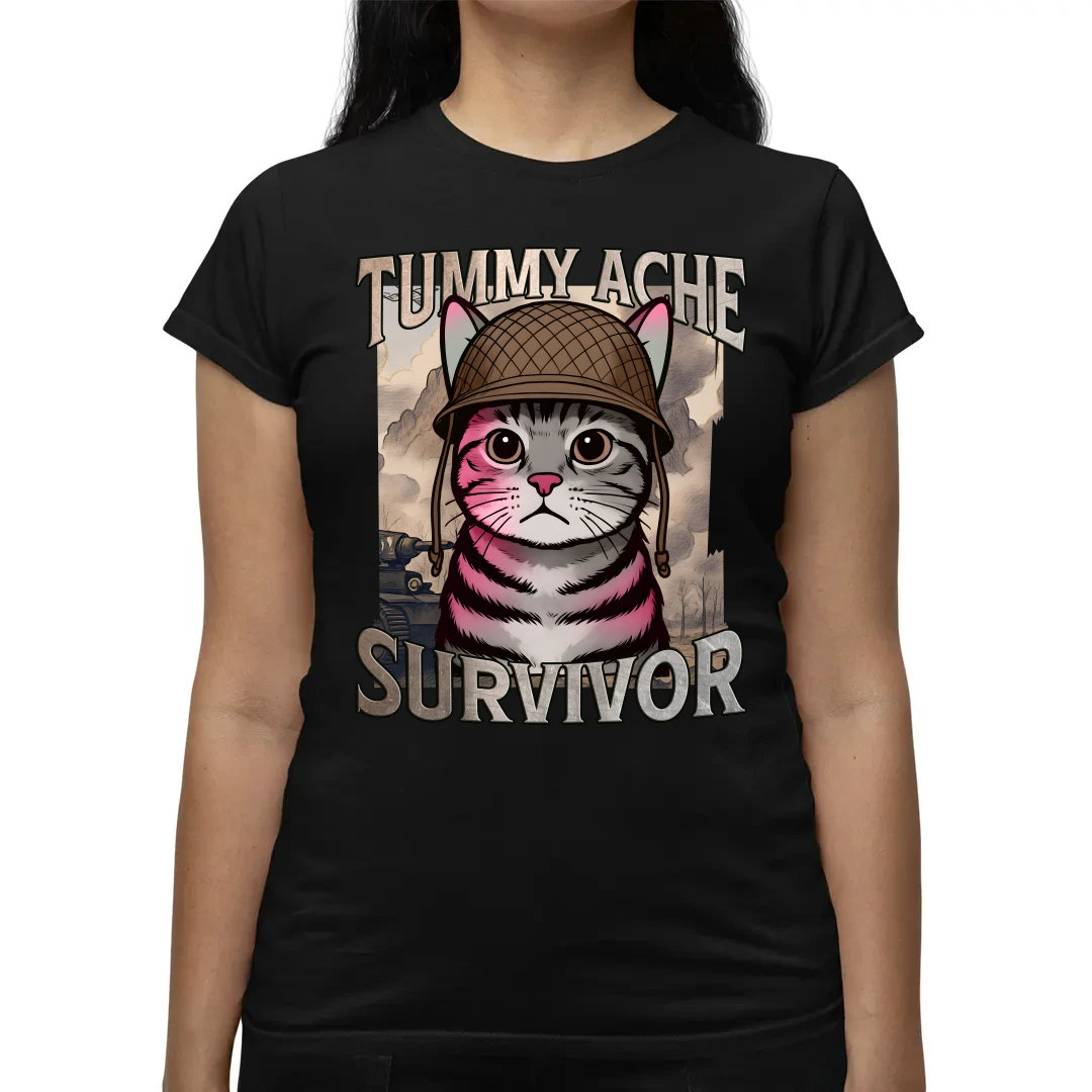 Tummy ache survivor - kot żołnierz - damska koszulka z kotem mem ...