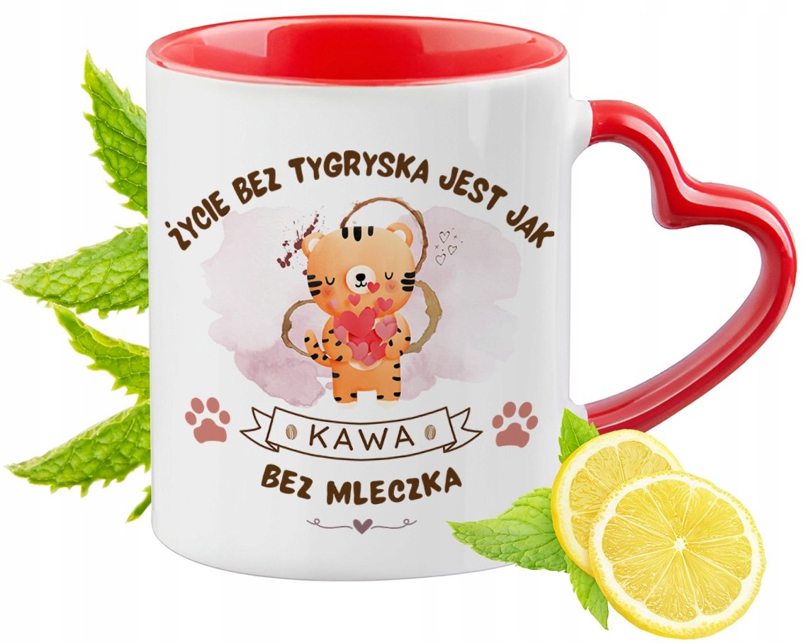 Tygrys Tygryski Kubek Czerwony z Uszkiem w Kształcie Serca na Prezent ...