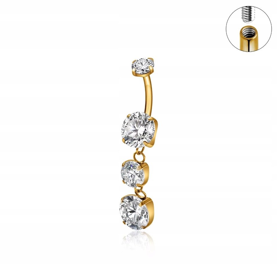Tytanowy Kolczyk do Pępka Wiszące Cyrkonie ZŁOTY PIERCING 1,6/10 MM ...
