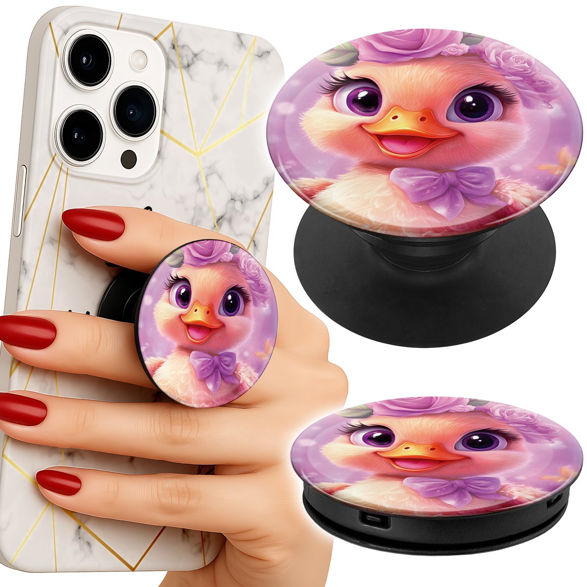 Uchwyt do telefonu Popsocket na palce/stojak SŁODKA KACZKA NA RÓŻOWYM ...