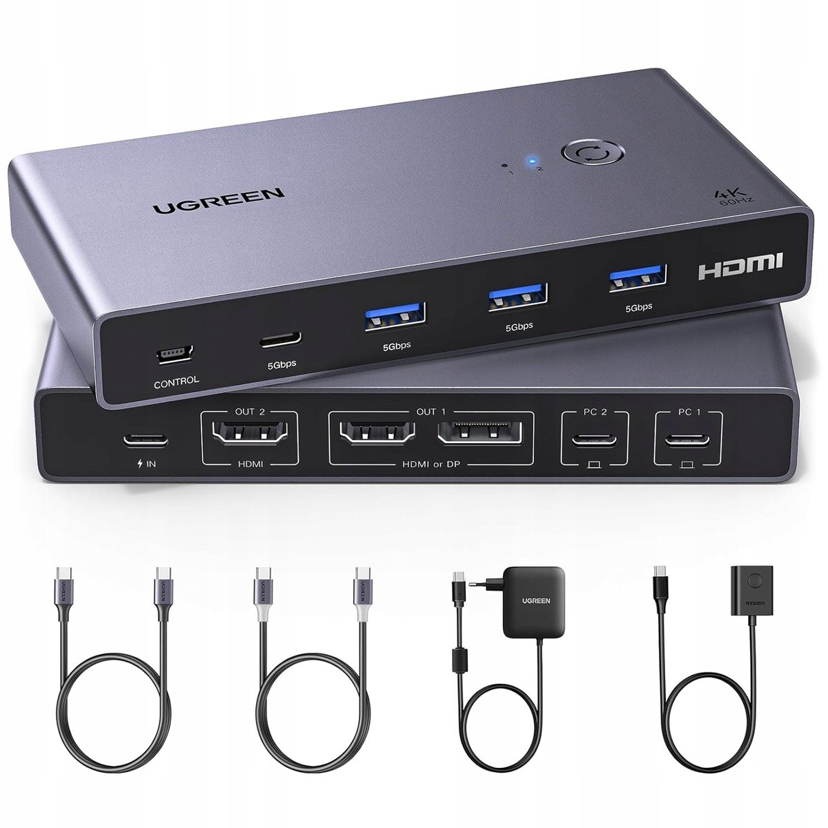 UGREEN Switch CM732 KVM USBC 2x2 4K@60Hz 4xUSB 3.0 PD 100W dla 2 ...