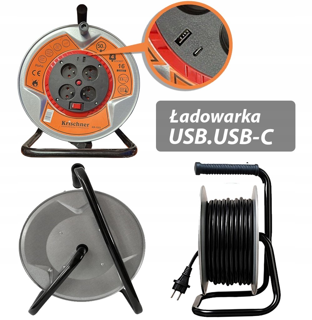 USB, USB-C, 4x230V, PRZEDŁUŻACZ na bębnie METALOWYM KR-1553 50m 3x2,5mm2 - ASA | Sklep EMPIK.COM