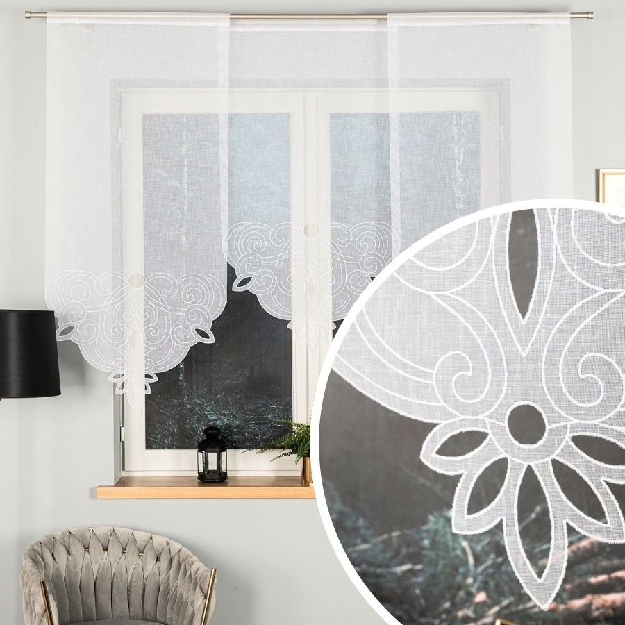 Usztywniany panel haftowany z batystu, z tunelem na drążek, kolor biały ...