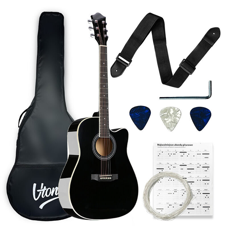V-TONE AG TWO BK gitara akustyczna 4/4 czarna zestaw kostki pasek zapasowe struny pokrowiec ...